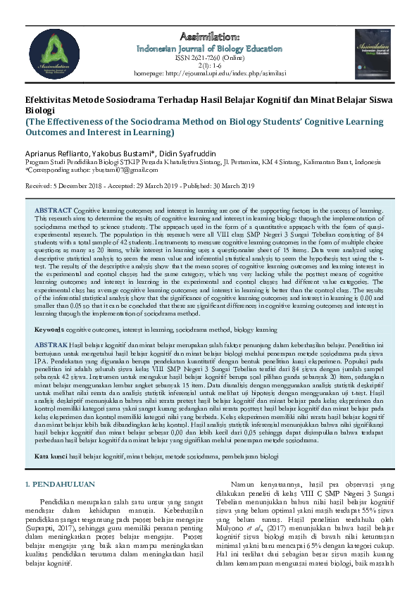 (PDF) Efektivitas Metode Sosiodrama Terhadap Hasil Belajar Kognitif dan Minat Belajar Siswa ...