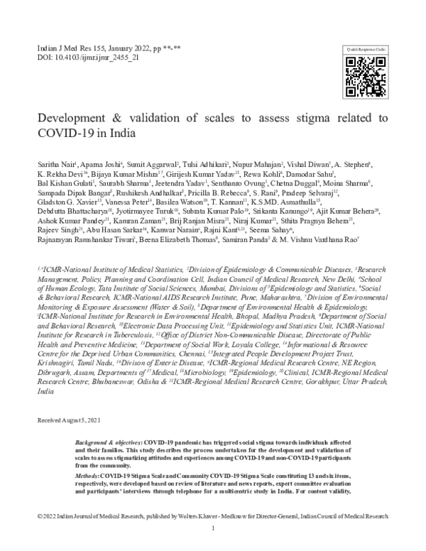 (PDF) Development & validation of scales to assess stigma related to COVID-19 in India