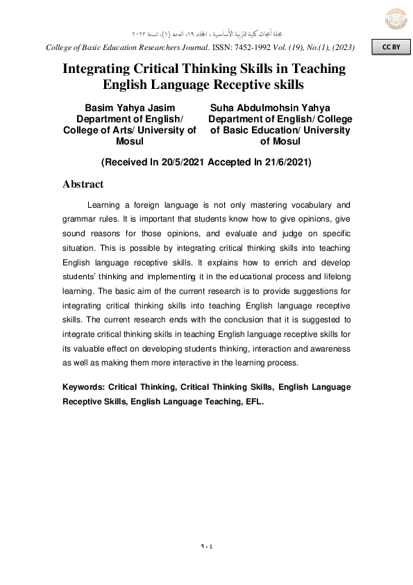 (PDF) Integrating Critical Thinking Skills in Teaching English Language Receptive skills