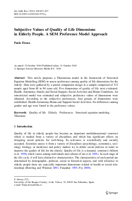 (PDF) Subjective Values of Quality of Life Dimensions in Elderly People. A SEM Preference Model ...