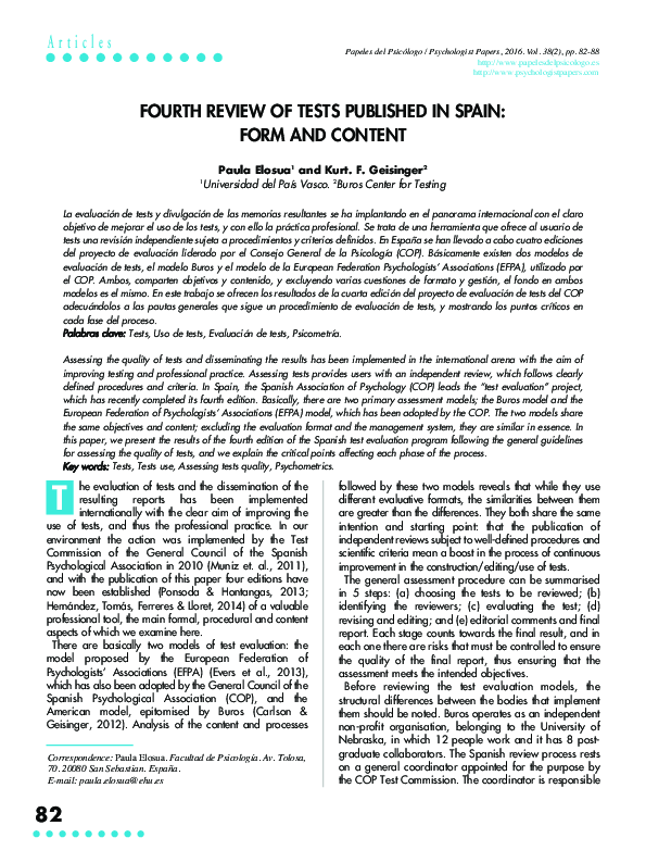 (PDF) Fourth Review of Tests Published in Spain: Form and Content