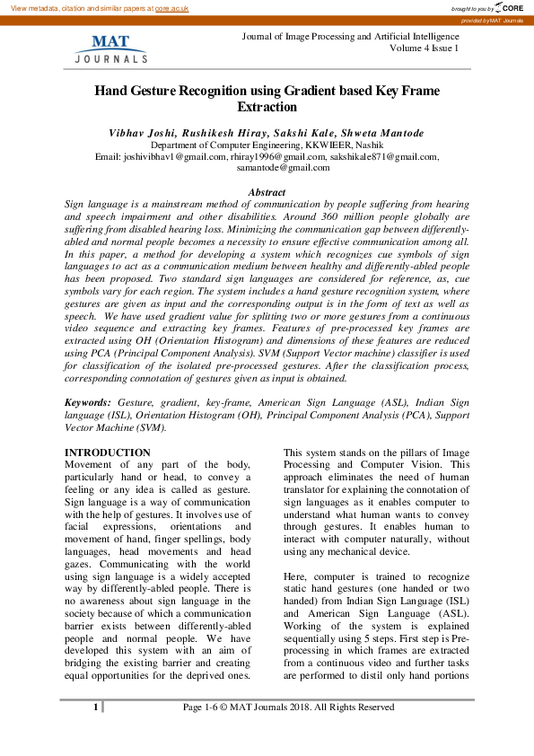 (PDF) Hand Gesture Recognition using Gradient based Key Frame Extraction