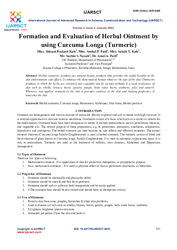 (PDF) Formation and Evaluation of Herbal Ointment by using Curcuma Longa (Turmeric)