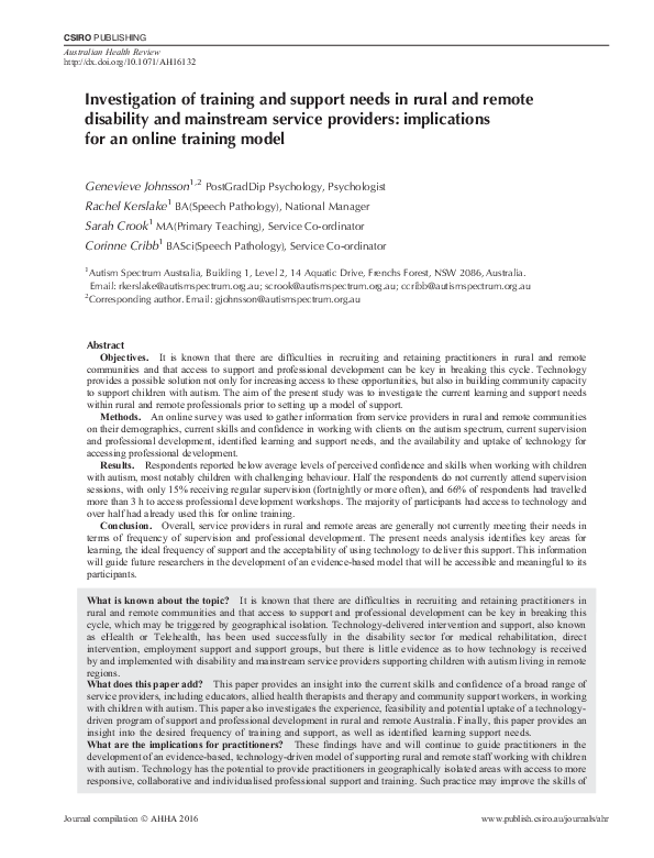 (PDF) Investigation of training and support needs in rural and remote ...
