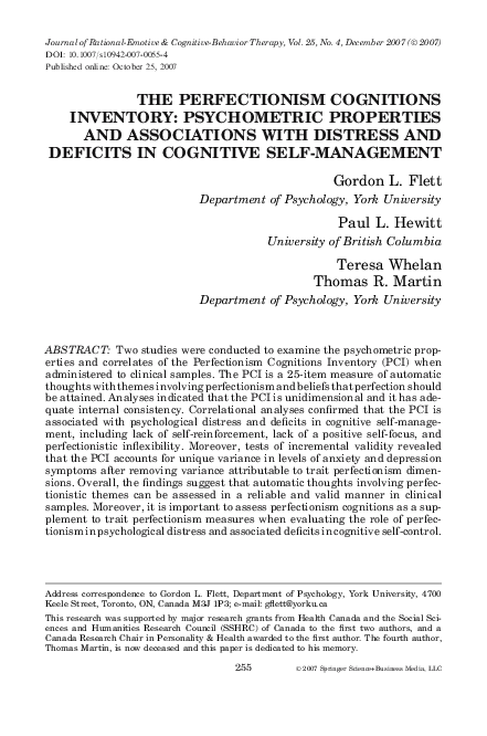 (PDF) The Perfectionism Cognitions Inventory: Psychometric Properties ...
