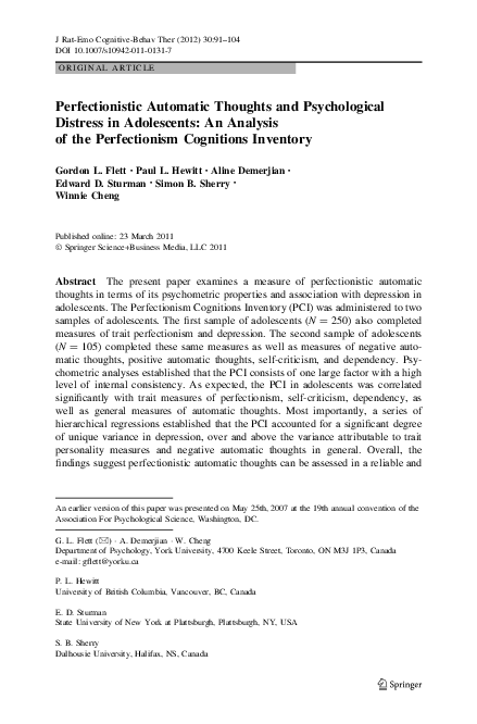 (PDF) Perfectionistic Automatic Thoughts and Psychological Distress in ...