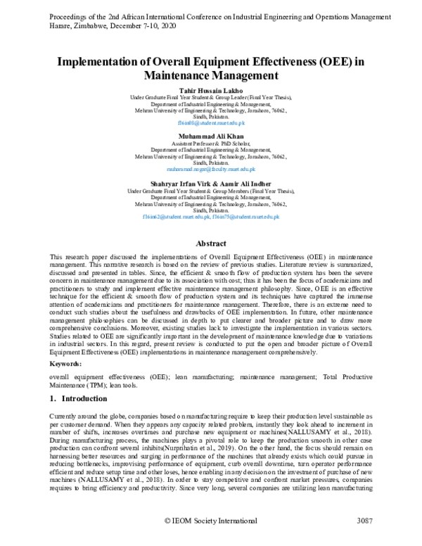 (PDF) Implementation of Overall Equipment Effectiveness (OEE) in Maintenance Management