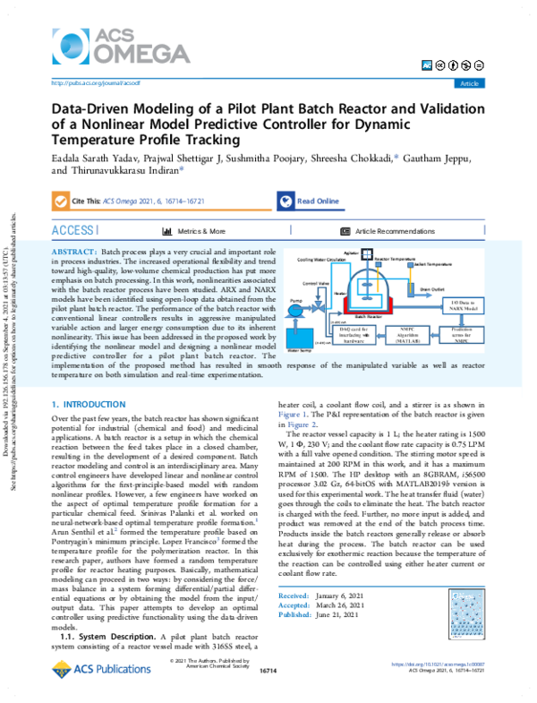Pdf Data Driven Modeling Of A Pilot Plant Batch Reactor And Validation Of A Nonlinear Model