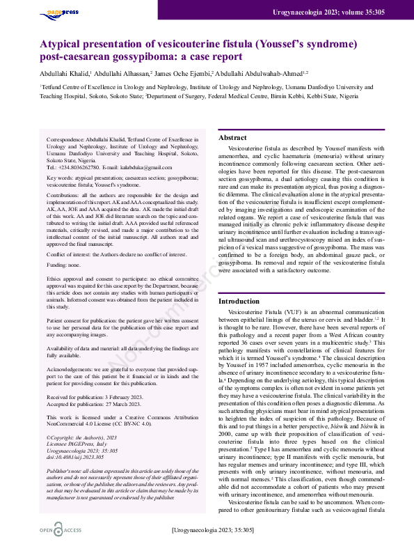 (PDF) Atypical presentation of vesicouterine fistula (Youssef’s ...