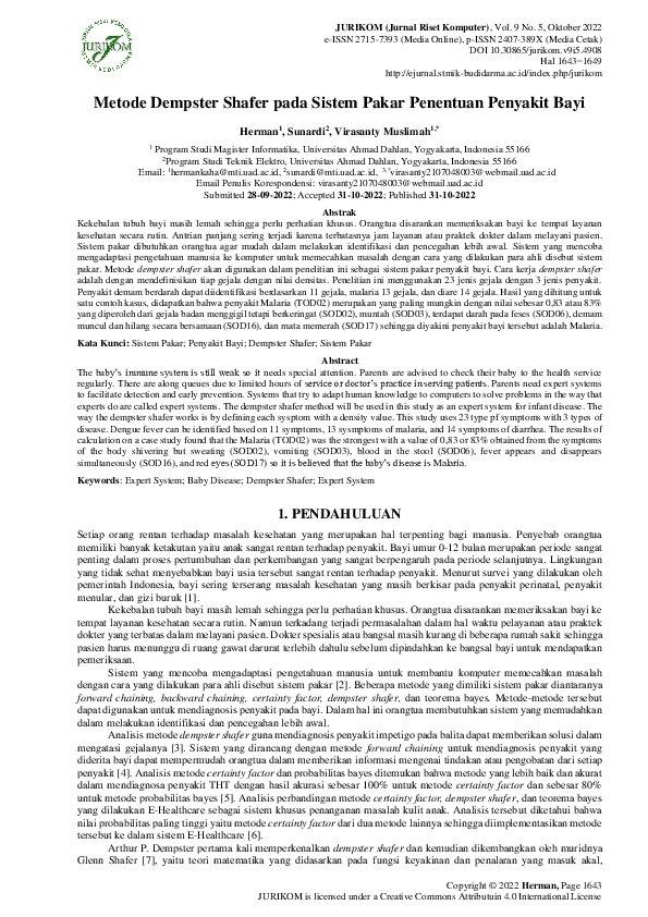 (PDF) Metode Dempster Shafer pada Sistem Pakar Penentuan Penyakit Bayi