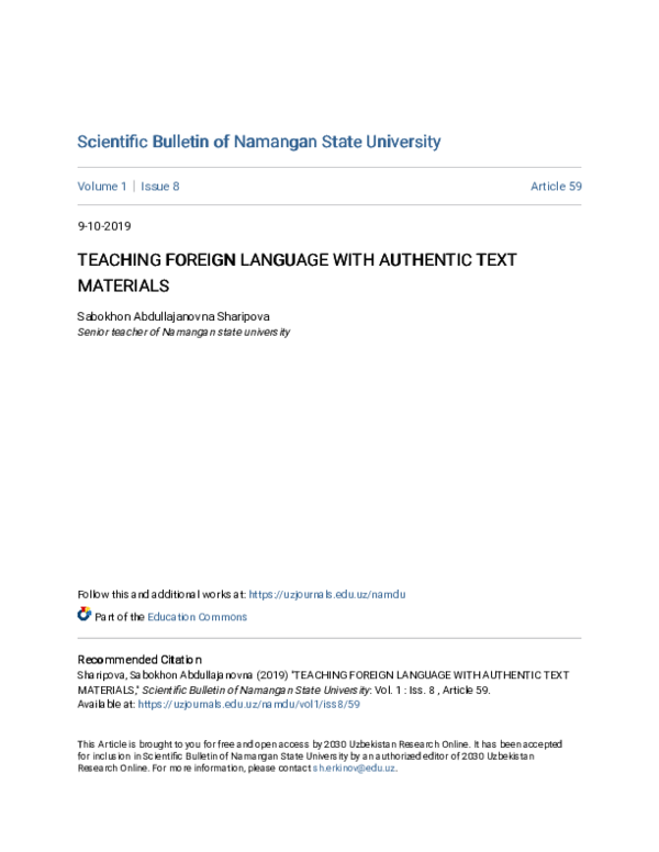 (PDF) Teaching Foreign Language with Authentic Text Materials