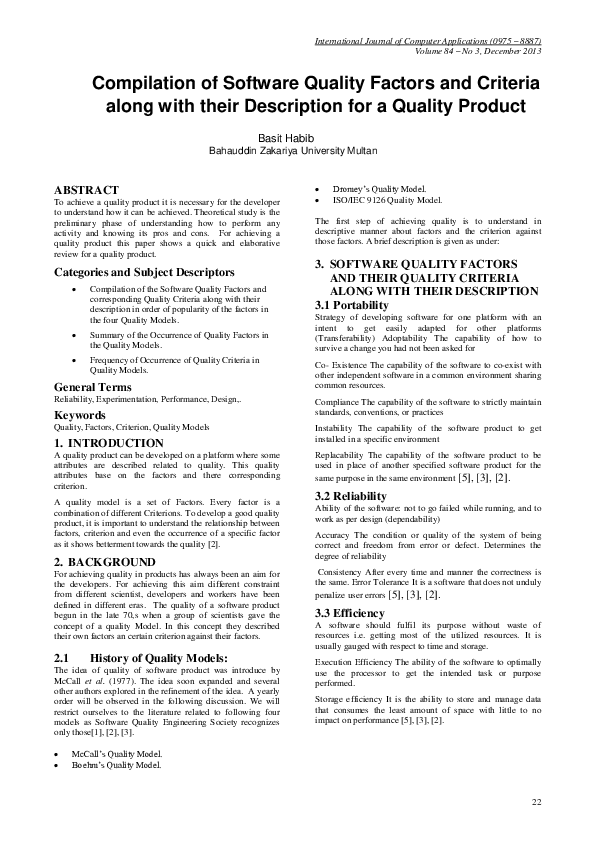 (PDF) Compilation of Software Quality Factors and Criteria along with their Description for a ...