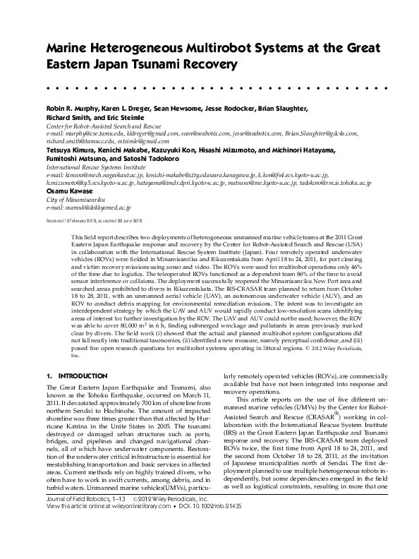 (PDF) Marine heterogeneous multirobot systems at the great Eastern Japan Tsunami recovery