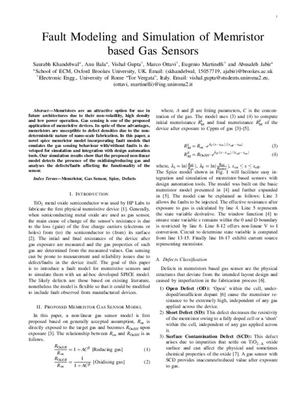 Pdf Fault Modeling And Simulation Of Memristor Based Gas Sensors Vishal Narayan Gupta