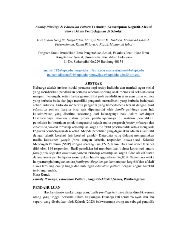(PDF) Family Privilege & Education Pattern Terhadap Kemampuan Kognitif ...