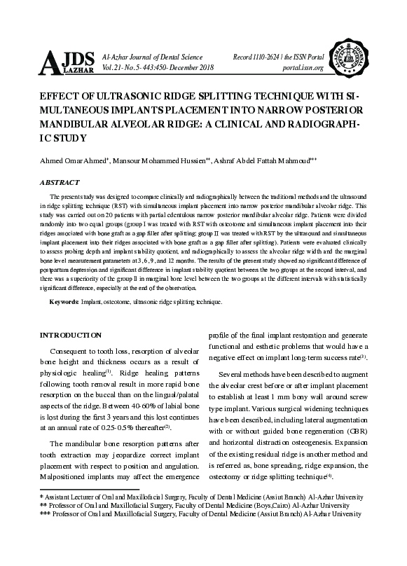 Pdf Effect Of Ultrasonic Ridge Splitting Technique With Simultaneous