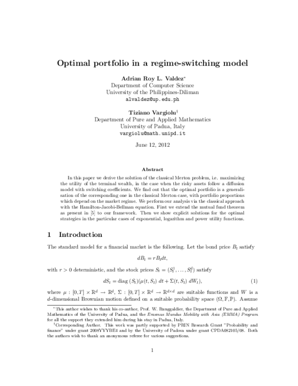 (PDF) Optimal Portfolio in a Regime-switching Model