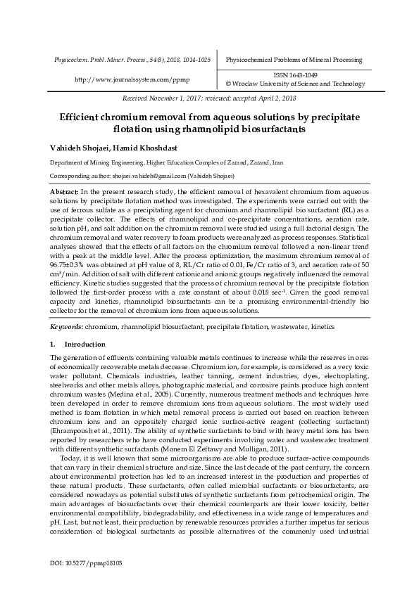 Pdf Efficient Chromium Removal From Aqueous Solutions By Precipitate