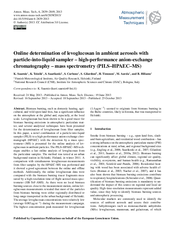 (PDF) Online determination of levoglucosan in ambient aerosols with ...