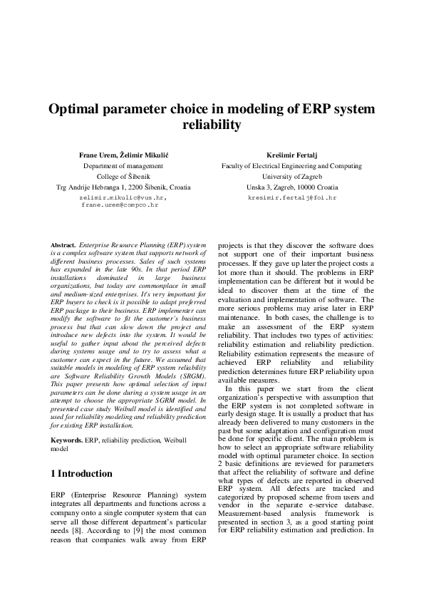 (PDF) Optimal parameter choice in modeling of ERP system reliability