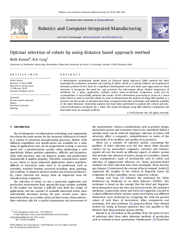 Pdf Optimal Selection Of Robots By Using Distance Based Approach Method