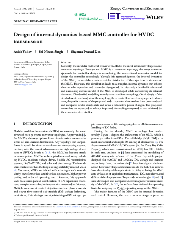 Pdf Design Of Internal Dynamics Based Mmc Controller For Hvdc Transmission