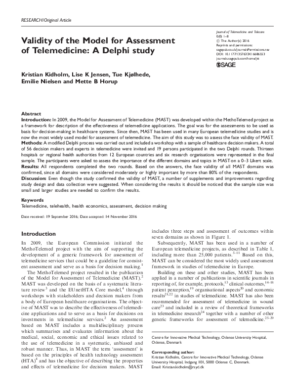 (PDF) Validity of the Model for Assessment of Telemedicine: A Delphi study