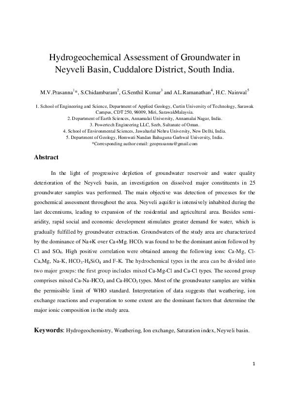 (PDF) Hydrogeochemical assessment of groundwater in Neyveli Basin, Cuddalore District, South India