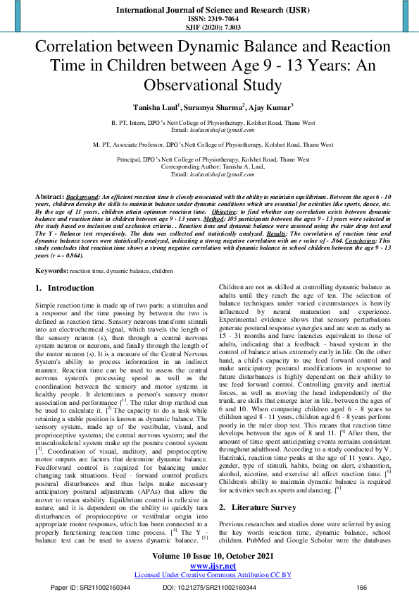 (PDF) Correlation between Dynamic Balance and Reaction Time in Children between Age 9-13 Years ...