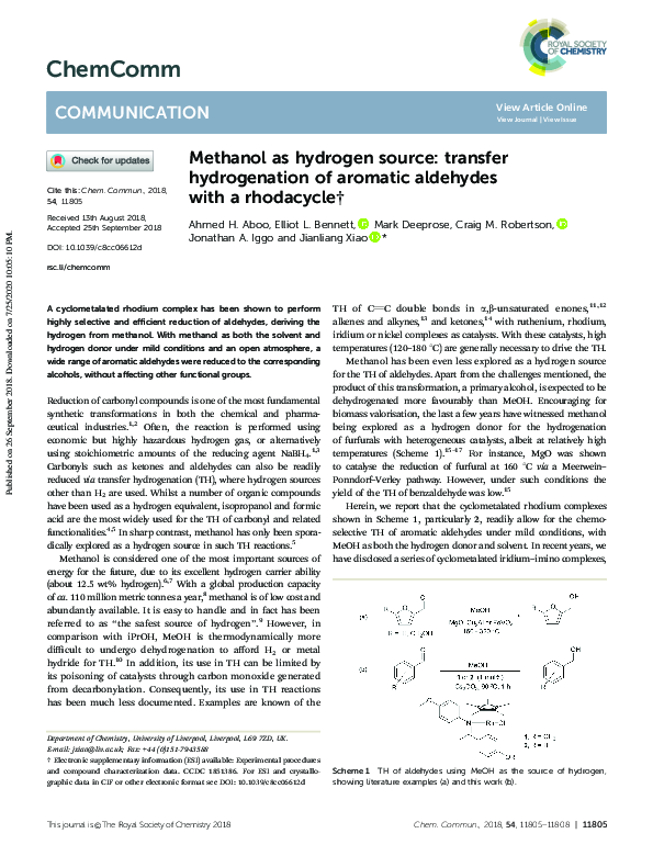 (PDF) Methanol as hydrogen source: transfer hydrogenation of aromatic ...