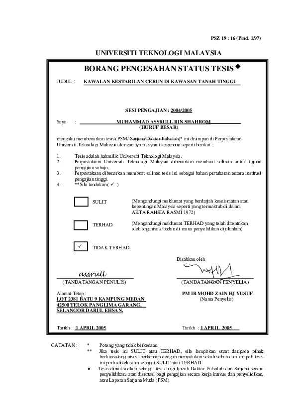 (PDF) Universiti Teknologi Malaysia Borang Pengesahan Status Tesis ...