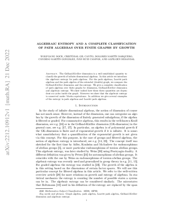 (PDF) Algebraic entropy and a complete classification of path algebras over finite graphs by growth