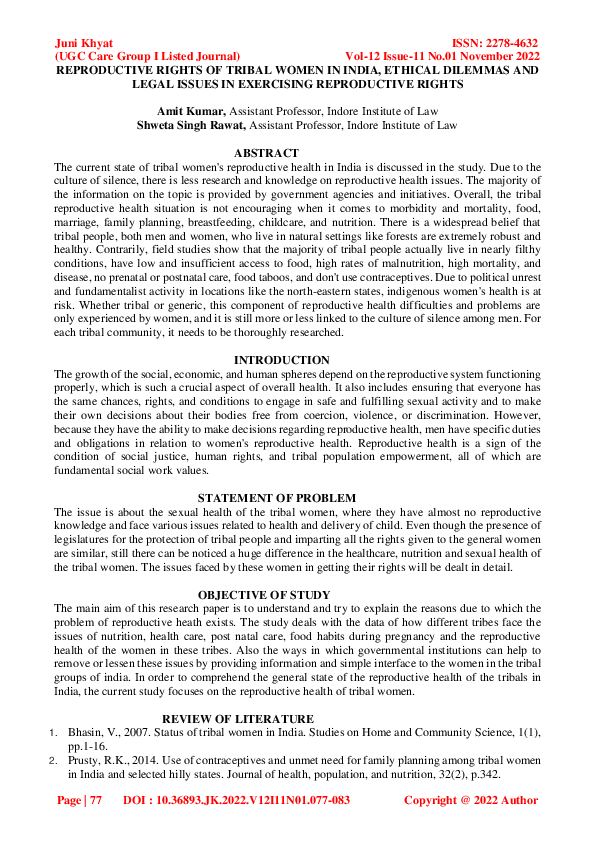 (PDF) Reproductive Rights of Tribal Women in India, Ethical Dilemmas ...