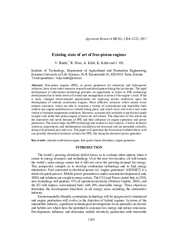 (PDF) Existing state of art of free-piston engines