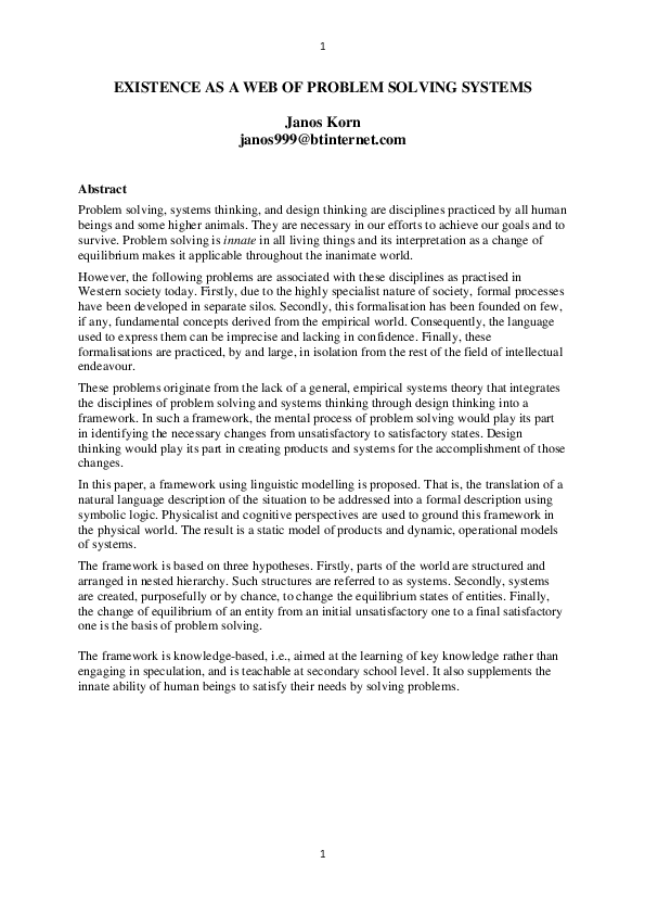 (PDF) EXISTENCE AS A WEB OF PROBLEM SOLVING SYSTEMS | janos korn - Academia.edu