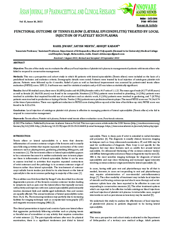 (PDF) FUNCTIONAL OUTCOME OF TENNIS ELBOW (LATERAL EPICONDYLITIS ...