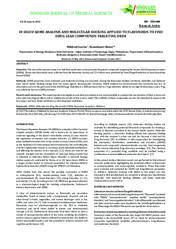(PDF) IN SILICO ADME ANALYSIS AND MOLECULAR DOCKING APPLIED TO FLAVONOIDS TO FIND DRUG LEAD ...