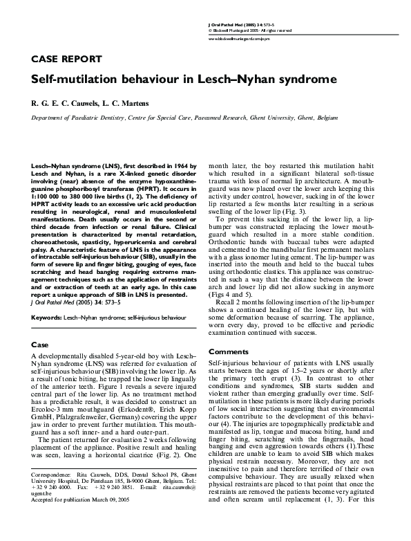 (PDF) Self-mutilation behaviour in Lesch-Nyhan syndrome