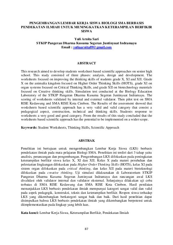 (PDF) Pengembangan Lembar Kerja Siswa Biologi Sma Berbasis Pendekatan Ilmiah Untuk Meningkatkan ...