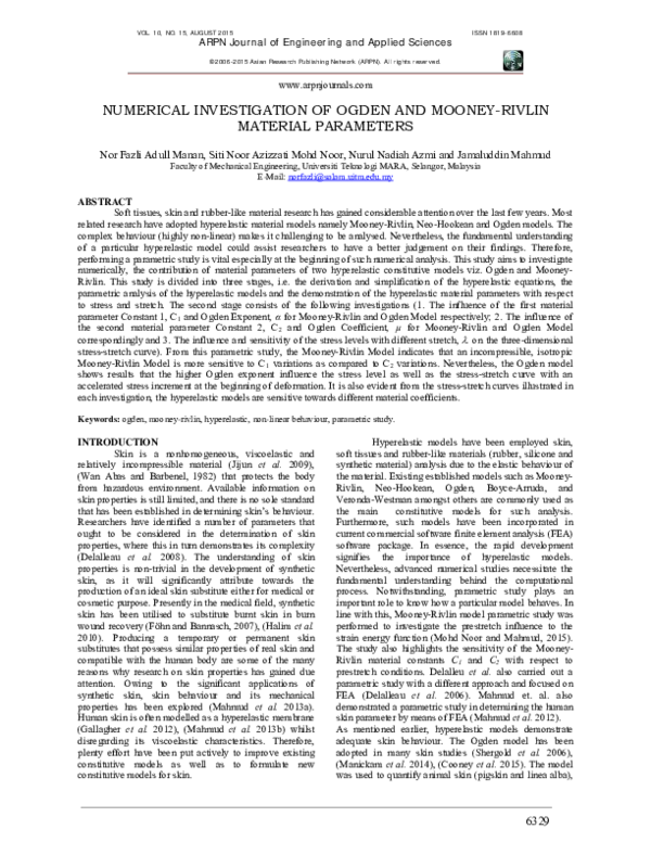 (PDF) Numerical Investigation of Ogden and Mooney-Rivlin Material Parameters