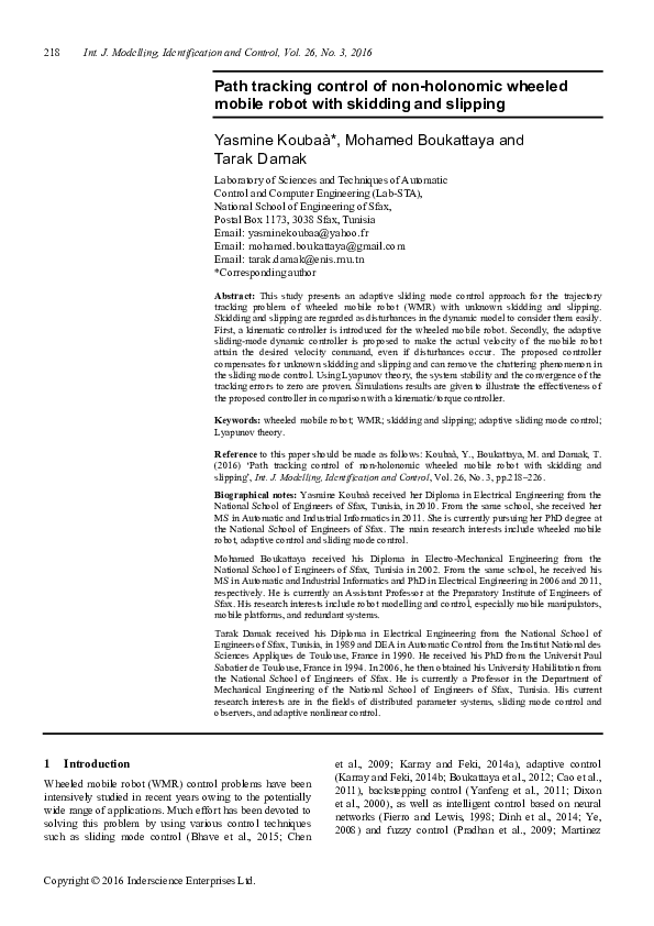 (PDF) Path tracking control of non-holonomic wheeled mobile robot with skidding and slipping