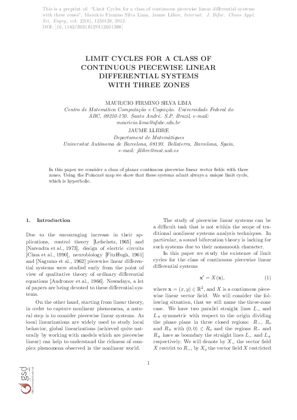 (PDF) Limit Cycles for a Class of Continuous Piecewise Linear ...