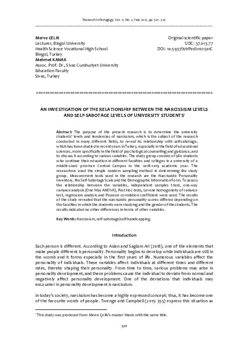 (PDF) An investigation of the relationship between the narcissism levels and self-sabotage ...