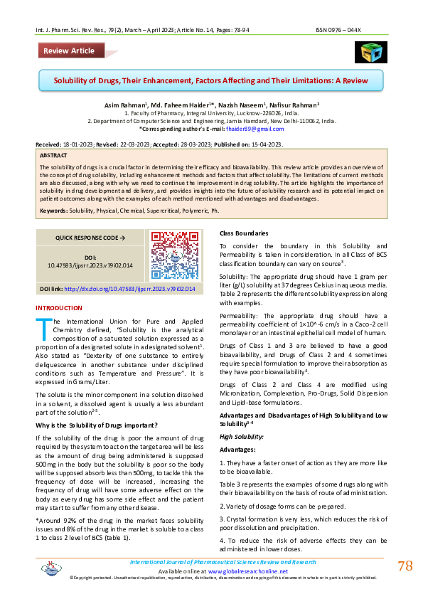 (PDF) Solubility of Drugs, Their Enhancement, Factors Affecting and ...