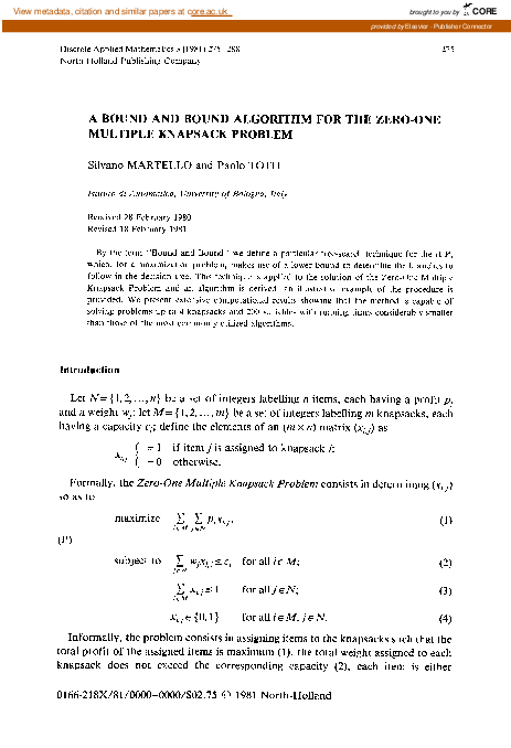 Pdf A Bound And Bound Algorithm For The Zero One Multiple Knapsack Problem Paolo Toth