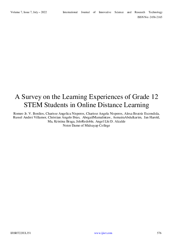 (PDF) A Survey on the Learning Experiences of Grade 12 STEM Students in ...