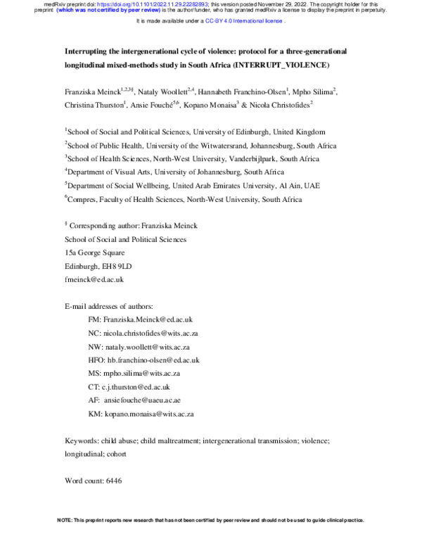 (PDF) Interrupting the intergenerational cycle of violence: protocol ...