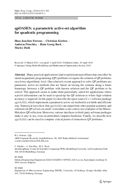 Pdf Qpoases A Parametric Active Set Algorithm For Quadratic Programming 