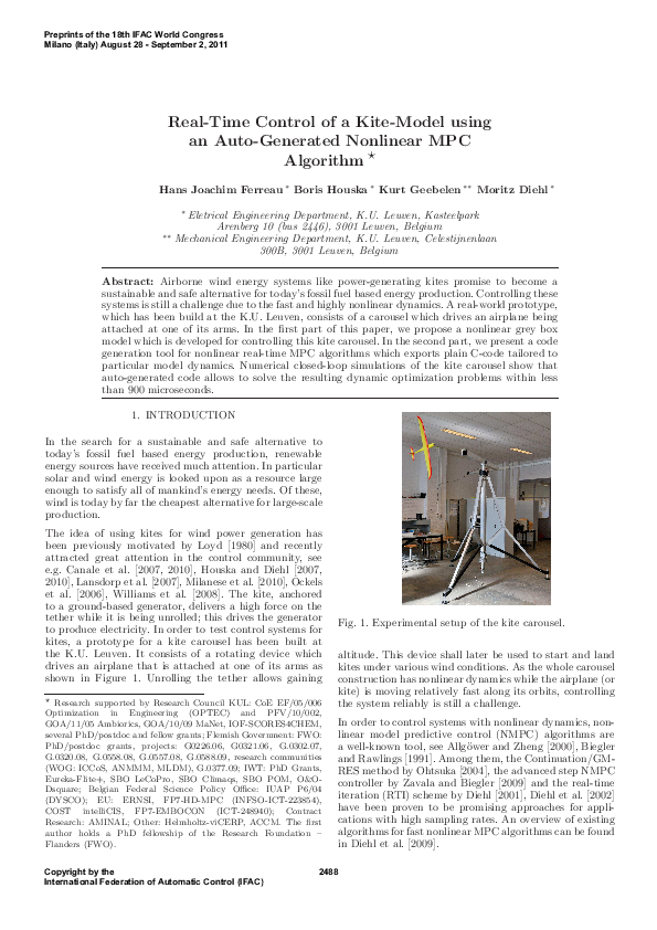 Pdf Real Time Control Of A Kite Model Using An Auto Generated Nonlinear Mpc Algorithm