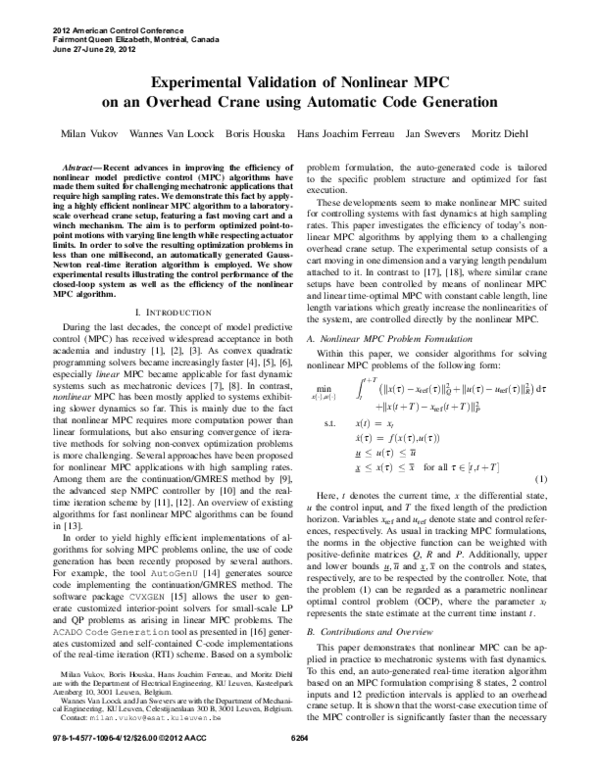 (PDF) Experimental validation of nonlinear MPC on an overhead crane using automatic code generation